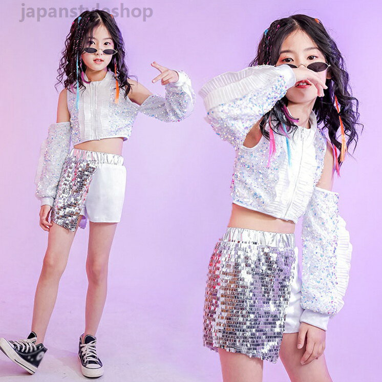 上下セット スパンコール ダンスウエア ヒップホップ ガールズ ジャズ K-POP 長袖 へそ出し トップス ダンス イベント チア チアガール 女の子 ショートパンツ ステージ衣装 110~170cm メーカー希望小売価格はメーカーカタロ...
