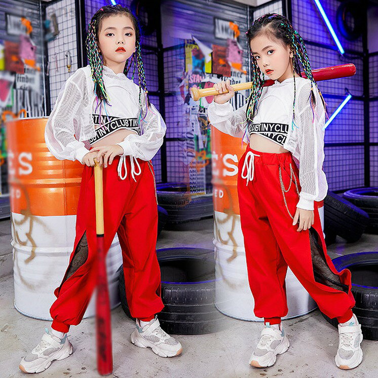 パンツキッズ ダンス 衣装 ヒップホップ ジュニア 女の子 パーカー へそ出し ロング 韓国 子供服 おしゃれ 白パーカー メッシュパーカー 舞台衣装 ダンスウェア 演出服 ゆったり 白 赤 普段着 カジュアル 110~170CM