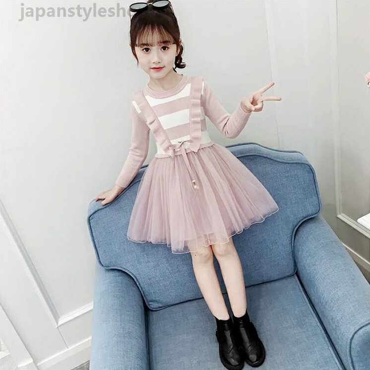 キッズワンピース 子供服 キッズ ドレス ワンピース チュールスカート 子供用 春 秋 長袖 膝丈 韓国風 おしゃれ ゆったり 着痩 エレガント 快適 小学生 可愛い 通学着 女児 ニット 子供ドレス 結婚式 発表会 伸縮性 お出かけ カジ...