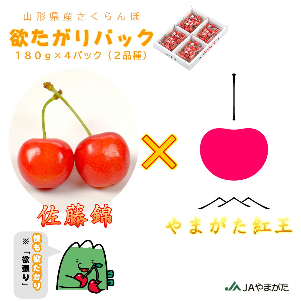 商品情報名称さくらんぼ 佐藤錦 やまがた紅王産地山形県（山形市、上山市、山辺町、中山町）内容量180g×4パック二品種保存方法さくらんぼは日持ちしません到着したら早めにお召し上がりください。急激な温度変化で傷みやすくなります。到着後は冷蔵庫...