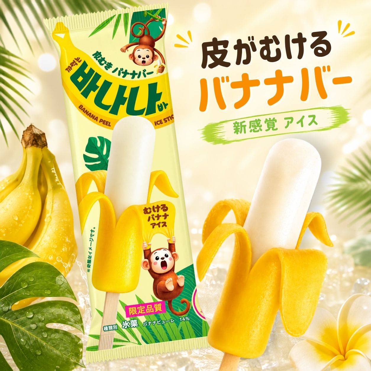 皮をむいて食べる遊び心あふれる体験型バナナアイスです。本物のバナナを思わせる形状に、外側はゼリーのようにぷるっとやさしい食感で、中からは甘くなめらかな濃厚バナナ風味が広がります。 従来の氷菓とはひと味違う食べる時間そのものを豊かにする、新感...