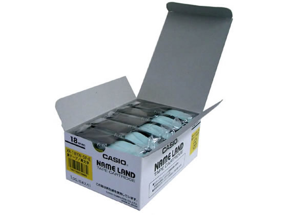 【仕様】●テープ長さ：8m●テープ／文字色：黄／黒文字●テープ幅：18mm●入数：1箱（5個）【備考】※ご使用開始前に、必ずテープのたるみをとってからセットしてください。（インクリボンがたるんだままテープカートリッジをセットすると、インクリ...