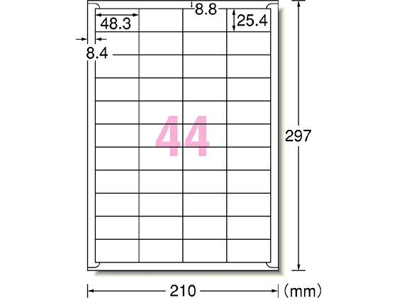 【商品説明】ラベル、台紙共に古紙パルプ配合。【仕様】●仕様：44面●サイズ：A4（210×297mm）●ラベルサイズ：48．3×25．4mm●標準総厚み：0．18mm●ラベル厚み：0．08mm●材質：再生紙●白色度：70％●対応プリンタ：イ...