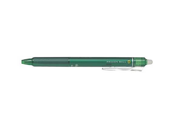 【商品説明】クリップスライドノック式。ノック面が大きく、ノックしやすい形状です。消去用ラバーが頭冠に固定されているので、使い勝手や消す際の安定感が抜群です。【仕様】●注文単位：1本●インク色：グリーン●ノック式●ボール径：0．5mm●筆跡幅...