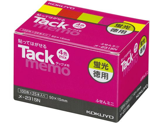 【仕様】●色：4色ミックス●種類：ミニサイズ●寸法：タテ50×ヨコ15mm●枚数：100枚×25冊入●紙質：色特殊紙（蛍光色）●注文単位：1箱（25冊）【検索用キーワード】ふせん紙粘着メモ　貼ってはがせる　はってはがせる　タックメモ　のり付...
