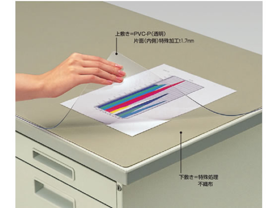 【商品説明】上敷きの内側に特殊加工を施しているので、コピーのインキが付着しにくいタイプです。【仕様】●マット外寸法：1047×622mm●JIS規格の天板寸法：6号（1060×635mm）●上敷き：PVC−P（透明）片面（内側）特殊加工t1...
