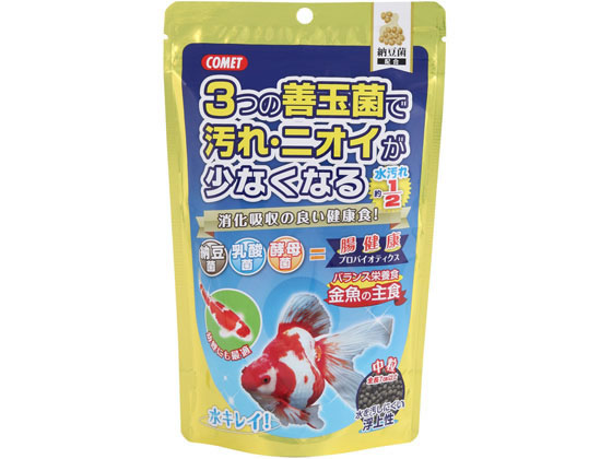 【商品説明】納豆菌に加え、新たに乳酸菌と酵母菌を配合。この3つの善玉菌の力で金魚の腸内細菌のバランスを整え、水の汚れや嫌なニオイを減らします。健康に育つビタミン配合のバランスフードで、浮上性の中粒です。【仕様】●原材料：フィッシュミール／オ...