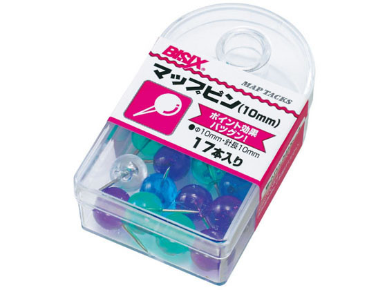 【商品説明】ポイント効果抜群の直径10ミリの丸型マップピン。【仕様】●寸法：頭径Φ10mm、針長10mm●材質：PS樹脂、鋼線●包装：収納便利なPSケース（フック式）●入数：約17本●色：クリアマリンカラー4色アソート●注文単位：1箱（17...