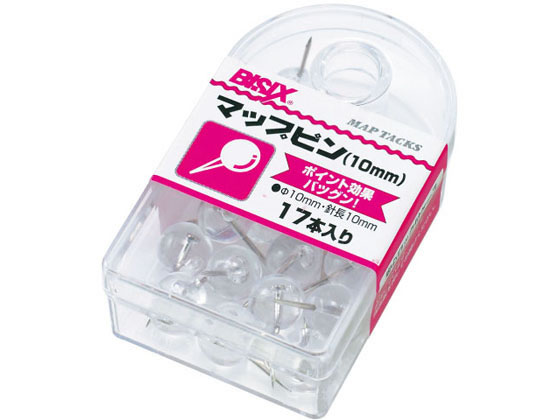 【商品説明】ポイント効果抜群の直径10ミリの丸型マップピン。【仕様】●寸法：頭径Φ10mm、針長10mm●材質：PS樹脂、鋼線●包装：収納便利なPSケース（フック式）●入数：約17本●色：透明●注文単位：1箱（17本入×5個）【検索用キーワ...