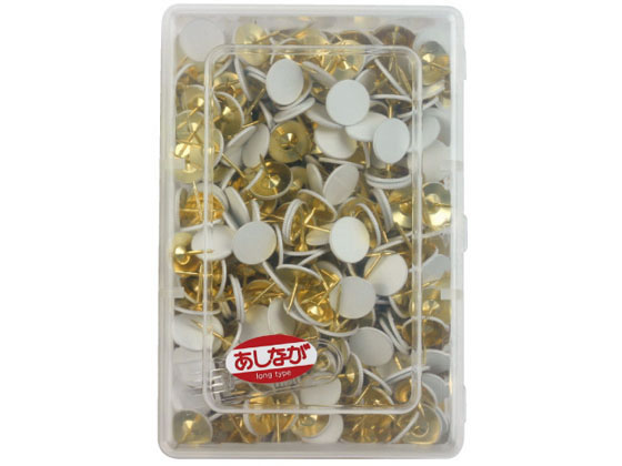 【商品説明】二重画鋲の頭に白の着色を施した商品。足長タイプ。頭が白いので作品などの邪魔をしにくい画鋲です。【仕様】●寸法：頭部Φ11mm、針長11mm●材質：圧延鋼板、鉄線●包装：収納便利なPPケ−ス●入数：約500本●色：ゴールド（頭表面...