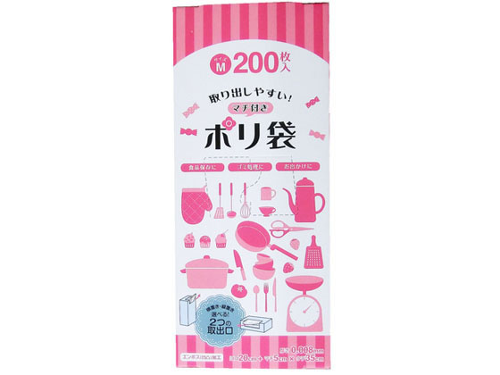 【商品説明】●2箇所から取り出せる置場に便利な箱型、食品保存袋Mタイプ。●大容量200枚入り●底上げ機能付き。【仕様】●サイズ：95×220×65mm●重量：286g●成分(材質）：高密度ポリエチレン●原産国：ベトナム【検索用キーワード】日...