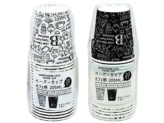 【商品説明】オシャレなカフェ柄のペーパーカップです。黒・白各10個、計20個入りです。キャンプやパーティー、イベント、お祭りなどでの使用に便利です。【仕様】●商品サイズ：幅約72×奥行72×高さ170mm●内容量：205mL×20個用途：紙...