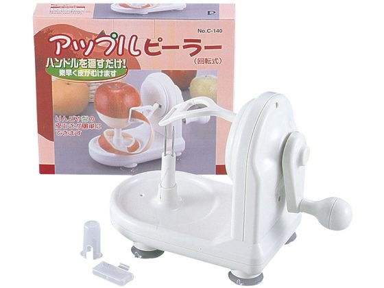 【商品説明】●ハンドルを廻すだけ！素早く皮がむけます●りんごや梨の皮むきが簡単にできます【仕様】●製品サイズ：幅240×奥行120×高さ170mm●重量：約370g●材質：本体・ハンドル＝ポリスチレン、刃のカバー・回転軸・刺しピンカバー＝ポ...