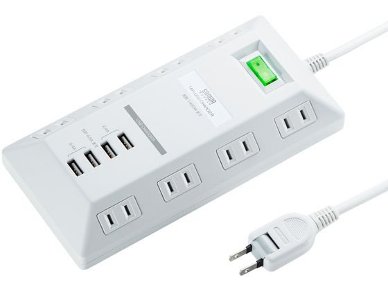 【商品説明】平型で台形型のタップなので、両側から差込みができてコードも取り回しも良くなります。差込口が8個口あり、ACアダプタを差込む場合でも間隔を広く取っているので、心配ありません。USB充電ポートが4ポート（合計4．8A）あり、タブレッ...