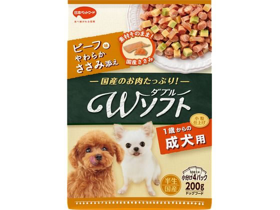 【商品説明】2種類の半生粒にやわらかなささみチップをトッピングした贅沢メニュー。【仕様】●注文単位：1袋（50g×4パック）●原材料：肉類（鶏肉、鶏ササミ、牛肉）、穀類（小麦粉、小麦グルテン）、大豆タンパク、糖類、馬鈴薯でん粉、油脂類、フィ...