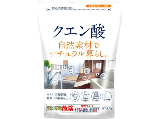 【商品説明】自然素材で人気のクエン酸です。保存に便利なチャック付きスタンドパックです。【仕様】●内容量：330g●成分：クエン酸（無水）●生産国：日本【備考】※メーカーの都合により、パッケージ・仕様等は予告なく変更になる場合がございます。【...