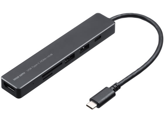 【商品説明】HDMI出力ポート付きのスリムなUSB　Type−Cハブです。4K／30Hz対応で、ソフト不要でミラー・拡張表示が可能です。SD・microSDスロットを搭載し、メモリーカードの読み書きに対応します。USB2．0ポートを備え、キ...