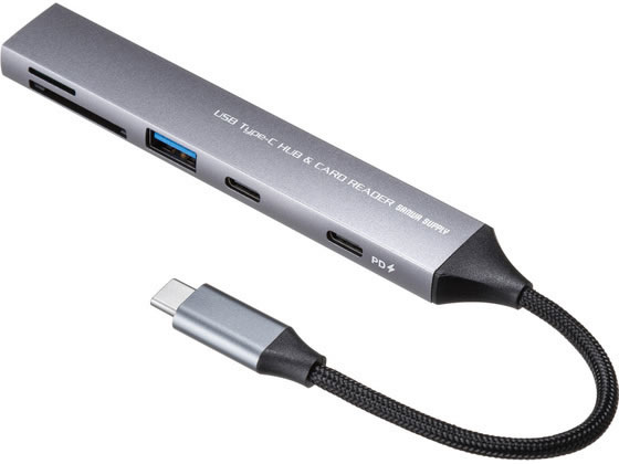 【商品説明】超スリムで持ち運びに便利なカードリーダー付きUSBハブです。USB　A×1、Type−C×2の計3ポートを搭載し、複数機器を同時接続できます。USB　PD対応でType−Cポートからパソコンの充電も可能です。USB　Aポートは5...