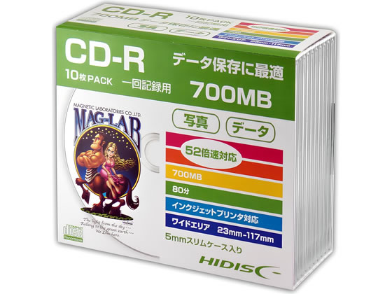 【仕様】●規格：データ用CD−R●容量：700MB●対応速度：52倍速●レーベル：インクジェットプリンタ対応●印刷範囲：ワイドエリア（23mm−117mm）●入り数：10●ケース：5mmスリムケース【備考】※メーカーの都合により、パッケージ...