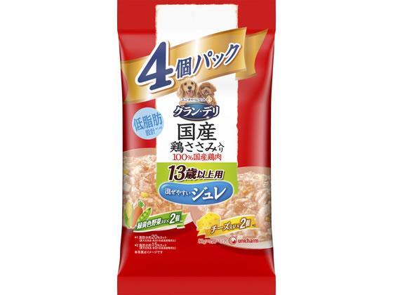 【商品説明】ウェットタイプです。【仕様】●注文単位：1袋（80g×4個）【備考】※メーカーの都合により、パッケージ・仕様等は予告なく変更になる場合がございます。【検索用キーワード】ゆにちゃーむ　グラン・デリ　国産鶏ささみパウチジュレ　13歳...