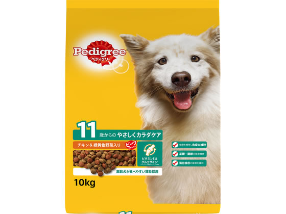 【商品説明】11歳からの愛犬の健康を維持し免疫力の維持をするためにビタミンEを強化しました。【仕様】穀類、家禽類、肉類（チキンエキス、チキンミール＊1、ビーフエキス等）、油脂類（パーム油、大豆油＊2等）、豆類、野菜類＊3（にんじん、いんげん...