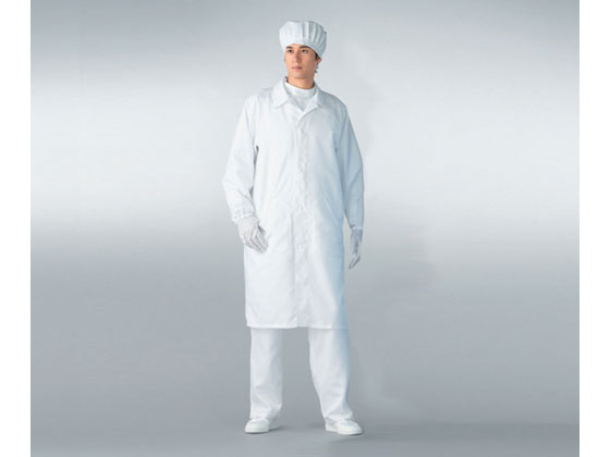 【商品説明】●両脇に切りポケットが付いた実験用白衣です。【仕様】●材質：導電糸入りポリエステル100％●リサイクル可●グレード目安：クラス10000●表面抵抗値：10＾7Ω●色：ホワイト●サイズ：S●上着丈（cm）：95●バスト（cm）：1...