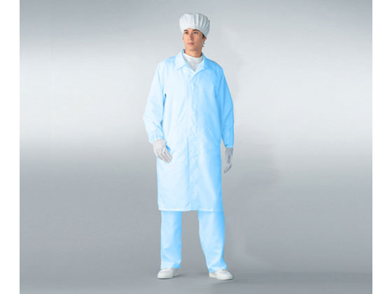 【商品説明】●両脇に切りポケットが付いた実験用白衣です。【仕様】●材質：導電糸入りポリエステル100％●リサイクル可●グレード目安：クラス10000●表面抵抗値：10＾7Ω●色：ブルー●サイズ：M●バスト（cm）：114●上着丈（cm）：1...