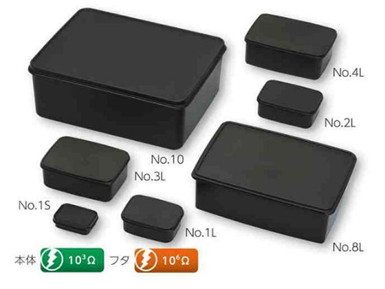 【仕様】●材質：本体／導電性PP（ポリプロピレン）、フタ／導電性PE（ポリエチレン）●表面抵抗値：本体／10＾3Ω〜10＾4Ω、フタ／10＾5Ω〜10＾6Ω●型番：783150●外寸法（mm）：98×68×33●内寸法（mm）：90×60×...