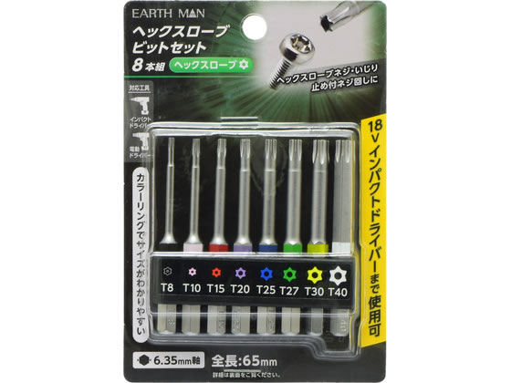 【商品説明】18Vインパクトドライバーまで使用可能カラーリングでサイズがわかりやすいセット内容：ヘックスローブビットT8／T10／T15／T20／T25／T27／T30／T40【仕様】●全長：65mm●軸径：6．35mm六角軸【備考】※メー...