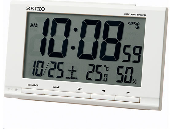 【商品説明】●温湿度計付き電波時計●デジタル文字高（最大）36mm【仕様】●枠材：プラスチック枠（白）●サイズ・重さ：91×148×47mm、200g●電池：単3マンガン乾電池2個（電池寿命約1年間）●機能：電波修正機能（40kHz／60k...