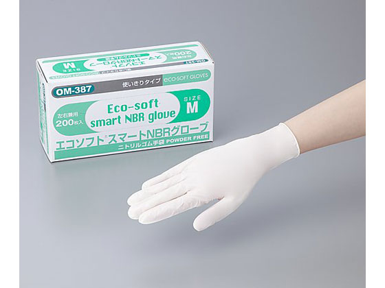 【仕様】●サイズ：L●入数：1箱（200枚入）●材質：NBR（ニトリルゴム）●左右兼用●指先エンボス加工●型番：OM-387●厚み：0．15mm●箱サイズ：245×128×80mm●ケース入数量：10箱入※1箱あたりの価格です。●生産国：マ...