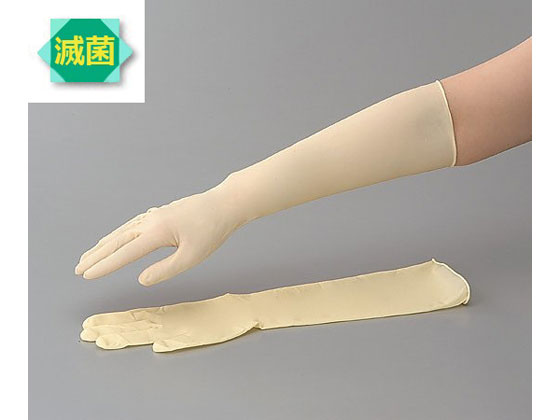 【商品説明】●肘あたりまでカバーするロングタイプで、血液などが皮膚に付着するのを防止します。【仕様】●仕様：γ線滅菌済●材質：ラテックス（パウダーフリー）●全長：約400mm●左右兼用●入数：1袋（50枚入）●型番：M●厚み：掌部／約0．2...