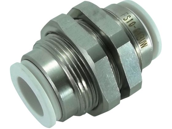 【仕様】●型番：FS10-00BUW●接続口径：M20×1　●適合チューブ外径D（mm）：10×10　●六角対辺（mm）：24　●使用圧力：1MPa（空気）、0．3MPa（水）　●使用流体：空気、水●流体温度：−5〜60℃（空気）●本体：ス...