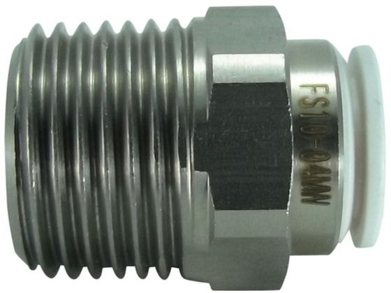 【仕様】●型番：FS10-04MW●接続口径：R1／2　●適合チューブ外径D（mm）：10　●六角対辺（mm）：21　●使用圧力：1MPa（空気）、0．3MPa（水）　●使用流体：空気、水●流体温度：−5〜60℃（空気）、5〜40℃（水）●...