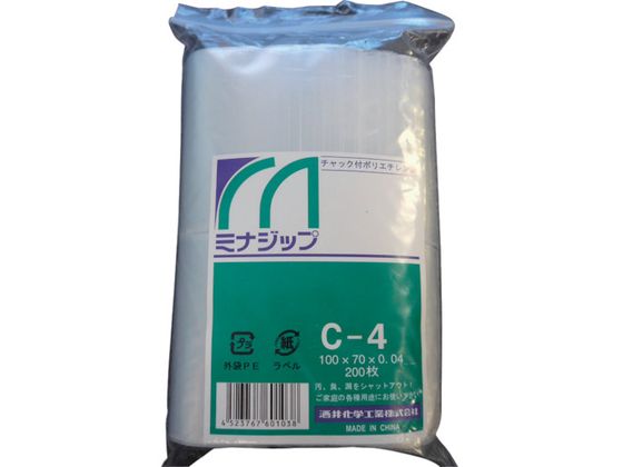 【商品説明】●各種包装・保管に適しています。●チャック付で汚れ、臭い、もれをシャットアウトします。●中身が見えて小物の分類に便利です。●使用目的に合わせて12種類のサイズが選べます。【仕様】●型番：MZC-4●入数：200枚●厚さ（mm）：...