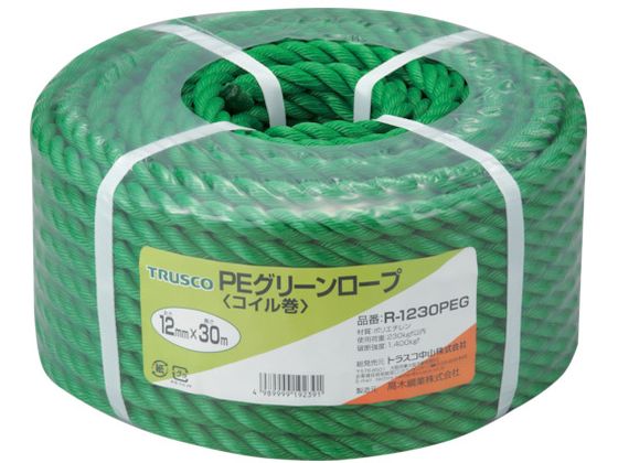 【商品説明】●水に浮き、濡れても硬くなりにくいため強度変化が少ないです。【仕様】●型番：R-1230PEG●色：緑　●線径（mm）：12　●長さ（m）：30　●包装形態：バンド掛巻●3つ打●ポリエチレン（PE）●切断後の断面はライターの火な...