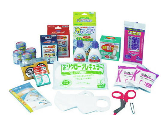 【仕様】●型番：400-524●入数：1S●防災用救急箱セット　●10人用●ケース：アルミ●三角巾×2枚　●伸縮包帯（M×3個、L×1個）×2　●滅菌ガーゼ（S：12枚入、M：10枚入）×1箱　●サージカルテープ×1個　●消毒液×2本●セッ...