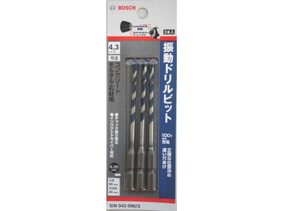 【商品説明】●新設計の先端超硬チップで正確な位置決め、速い穴あけが可能です。【仕様】●型番：SIN043090/3●入数：3本●刃径（mm）：4．3●有効長（mm）：45●全長（mm）：90●シャンク径（mm）：6．35●シャンク形状：六角...