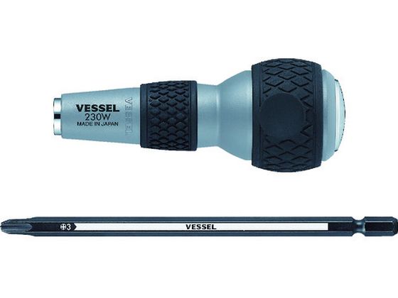 【商品説明】●ビット（対辺6．35mm）を交換できる貫通ドライバーです。●25mm径の大型ナットを使用しているので、ハンマーで叩きやすいです。●付属の替ビットは、電動ドライバーにもご使用いただけます。【仕様】●型番：230W-3●入数：1S...