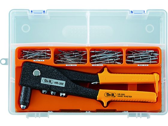 【商品説明】●リベッティングに最適なハンドリベッターとブラインドリベットのセット品です。●専用ケース入りでリベッター本体とブラインドリベットが収納できます。【仕様】●型番：HR302●入数：1S●キット内容：HR300×1丁、NSA42（2...