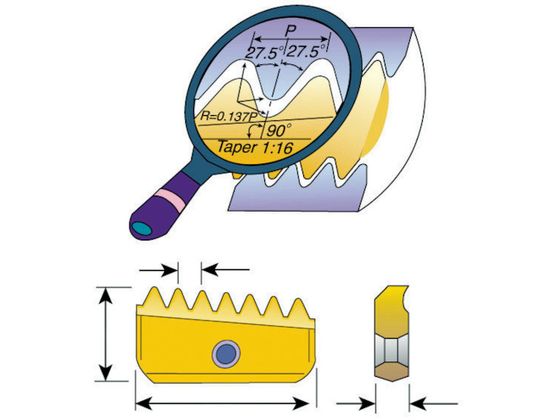 【商品説明】●ミルスレッドツールホルダに取り付けて使用します。【仕様】●型番：21-14BSPT MT-7●山数：14●幅（mm）：21●高さ（mm）：12．0●厚さ（mm）：4．7●表面処理：窒化アルミチタニウム（TiAlN）多層コーティ...