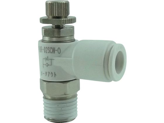【仕様】●型番：F8R-02SCW-O●接続口径：R1／4　●適合チューブ外径D（mm）：8　●使用流体：空気●色：ホワイト　●使用温度範囲：−5〜60℃（凍結なき事）　●使用圧力：0．05〜0．7MPa　●メーターアウトタイプ●樹脂部品：...