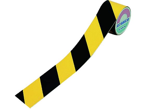 【商品説明】●ライトの光を反射するトラ柄のラインテープです。●設置が容易なはく離紙付です。【仕様】●型番：256302●色：黄／黒　●幅（mm）：45　●厚さ（mm）：0．15　●長さ（m）：10　●粘着力：1．4N／25mm（対ステンレス...