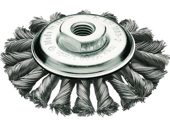 【商品説明】●溶接業、鉄鋼業、造船業などの現場に。鉄鋼、非鉄金属の研磨、溶接のバリやスラグ・サビの除去などに。●ノット毎に左右逆にひねっているので、ワイヤーが開きにくく、研磨、研削力がより強いです。●高品位の線材を使用したノット（ひねり）加...