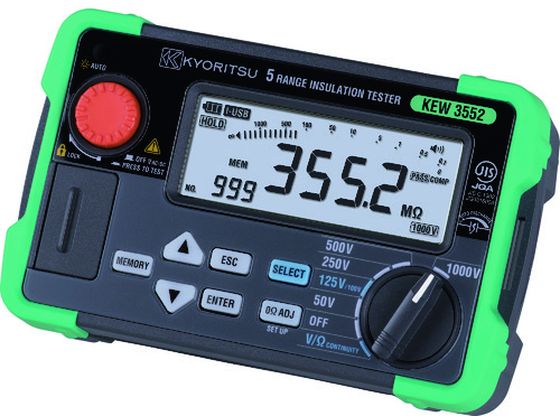 【仕様】●型番：KEW3552●定格測定電圧（V／MΩ）：50、100、125、250、500、1000　●最小表示（MΩ）：0．100　●交流電圧（V）：600　●電源：単3乾電池×4本（付属）　●高さ（mm）：97　●奥行（mm）：46...