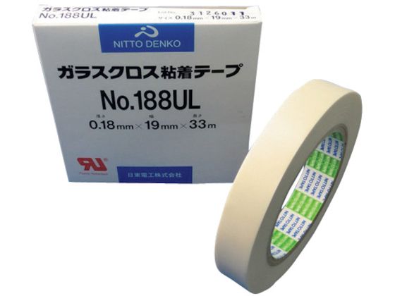 【商品説明】●通常使用温度180℃で耐熱性に優れています。●難燃性に優れています。●機械的強度、電気絶縁性に優れています。【仕様】●型番：188UL-19●色：ベージュ　●幅（mm）：19　●長さ（m）：33　●厚さ（mm）：0．18●粘着...