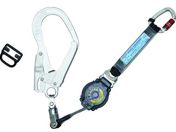 【商品説明】●墜落制止用器具で、巻き取り器はロック機能付です。フルハーネス用ランヤードです。第1種ショックアブソーバ付でランヤードを腰より高い位置に取り付けます。●装備体重100kg以下の方用です。●織ロープ長さが常に最短となる常時巻取式の...