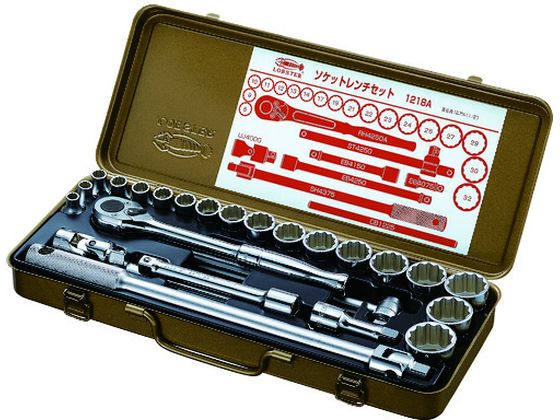 【商品説明】●使用頻度の高いもので構成されバリエーションも豊富です。●セットの収納ケースはメタル製で使いやすく、持ち運びや整理にも便利です。【仕様】●型番：1218A●入数：1S●差込角（mm）：12．7●ソケット内容（mm）：8、9、10...