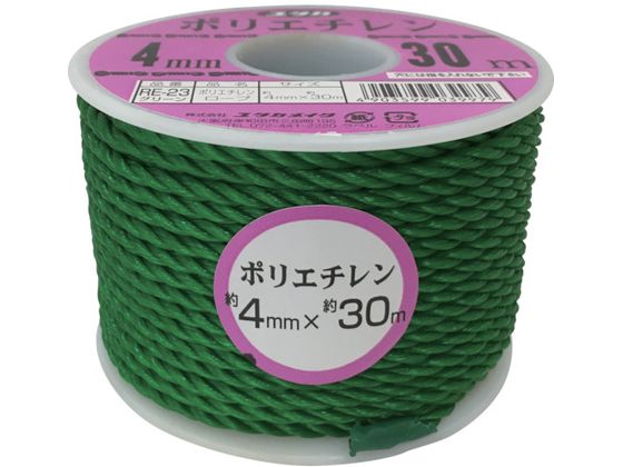 【商品説明】●軽量で水に強く、強力でショックにも強いロープです。【仕様】●型番：RE-23●色：緑　●線径（mm）：4　●長さ（m）：30　●包装形態：ボビン巻●ポリエチレン（PE）【備考】※メーカーの都合により、パッケージ・仕様等は予告な...