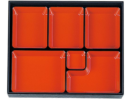 【仕様】●外寸：291×238×H35mm●材質：ABS樹脂【備考】※メーカーの都合により、パッケージ・仕様等は予告なく変更になる場合がございます。【検索用キーワード】若泉漆器株式会社　若泉漆器　長手ヘギ目　松花堂尺1寸用　6ツ仕切　朱天黒...